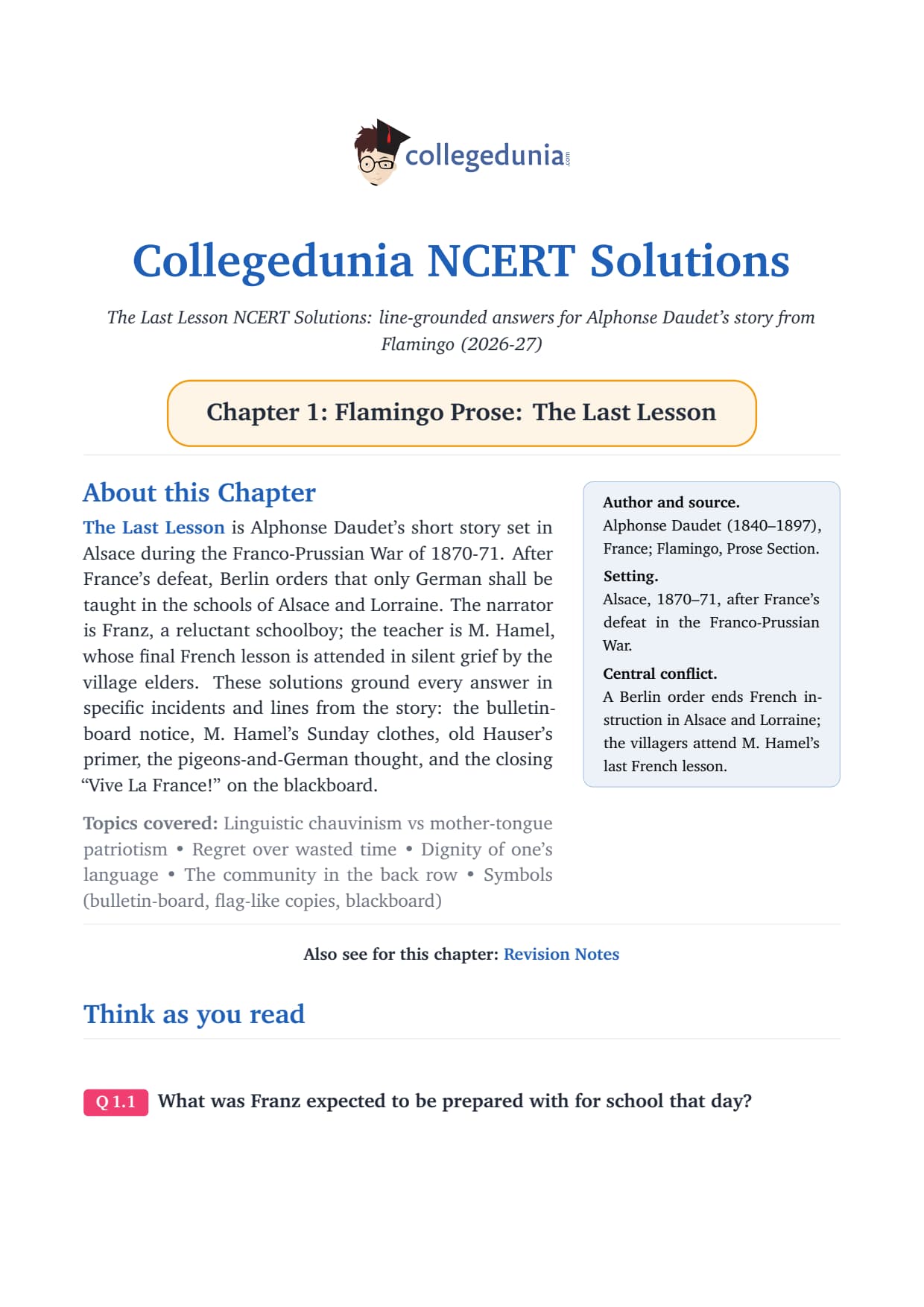 The Last Lesson Class 12 NCERT Solutions PDF Download