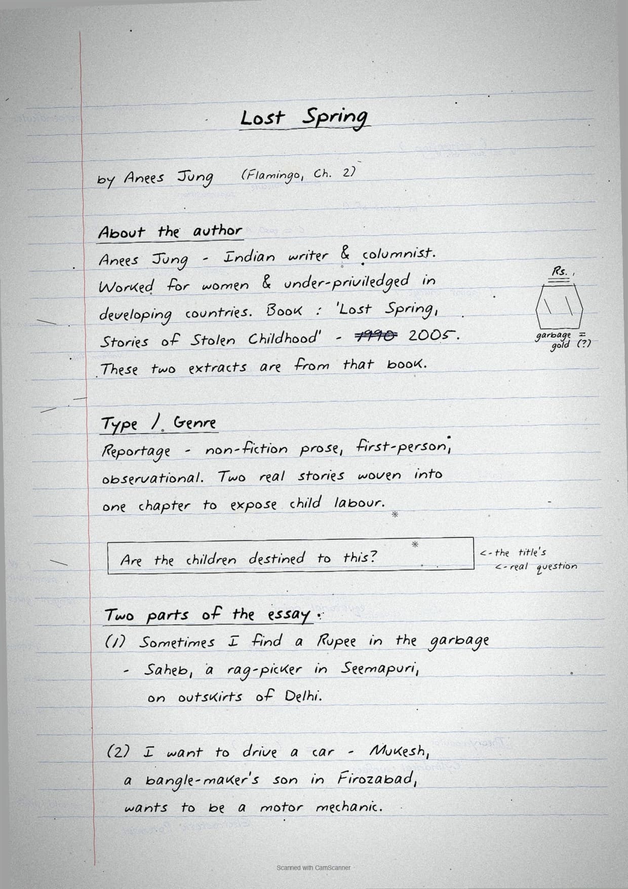 Class 12 English Ch 2 Lost Spring Handwritten Notes PDF