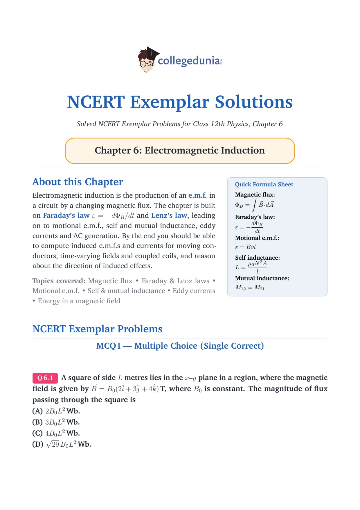 Electromagnetic Induction Exemplar Solutions Class 12 - Free PDF