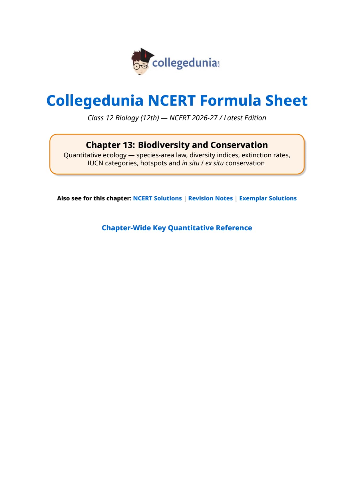 Class 12 Biology Ch 13 Biodiversity Conservation Formula Sheet